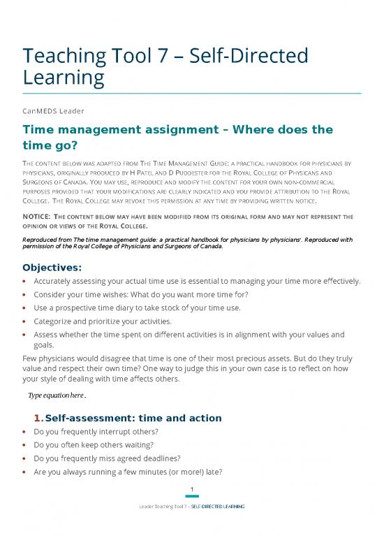 Leader T7 Self Directed Learning Time Management Assignment Where Does ...